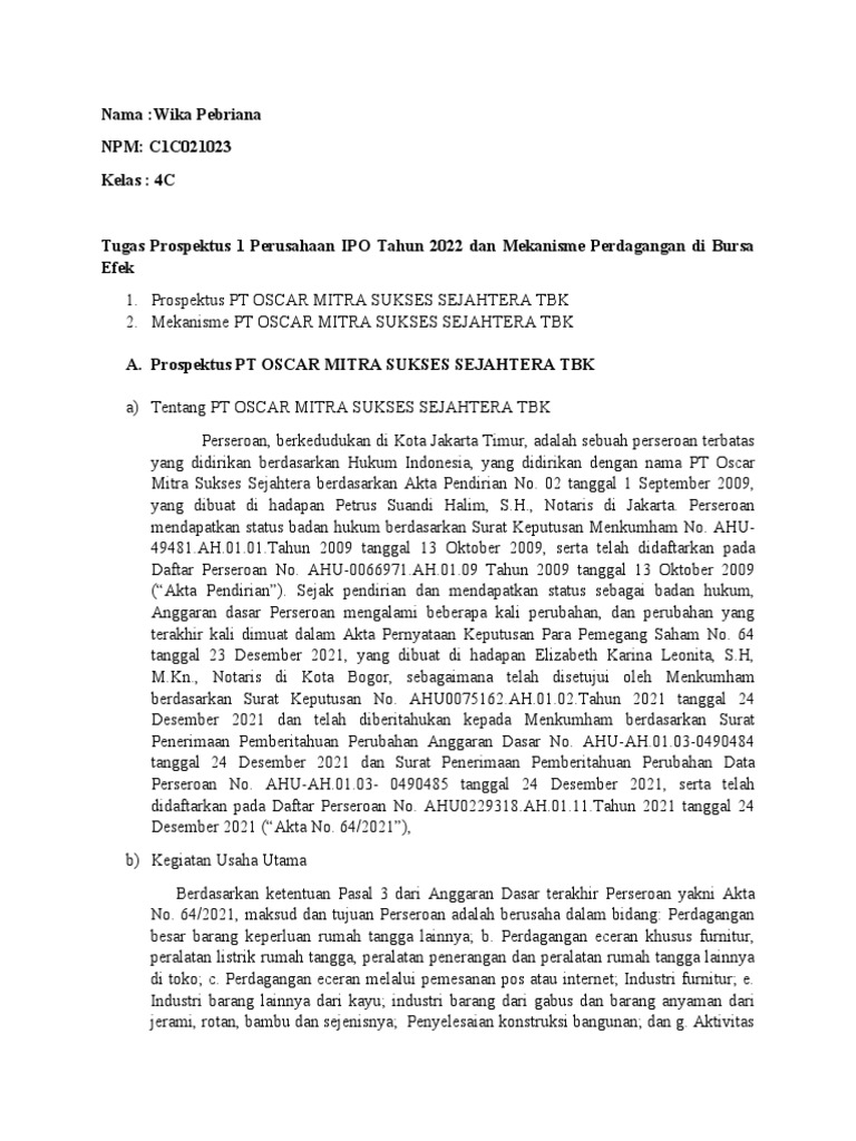 Prospektus IPO PT OSCAR MITRA 2022 | PDF