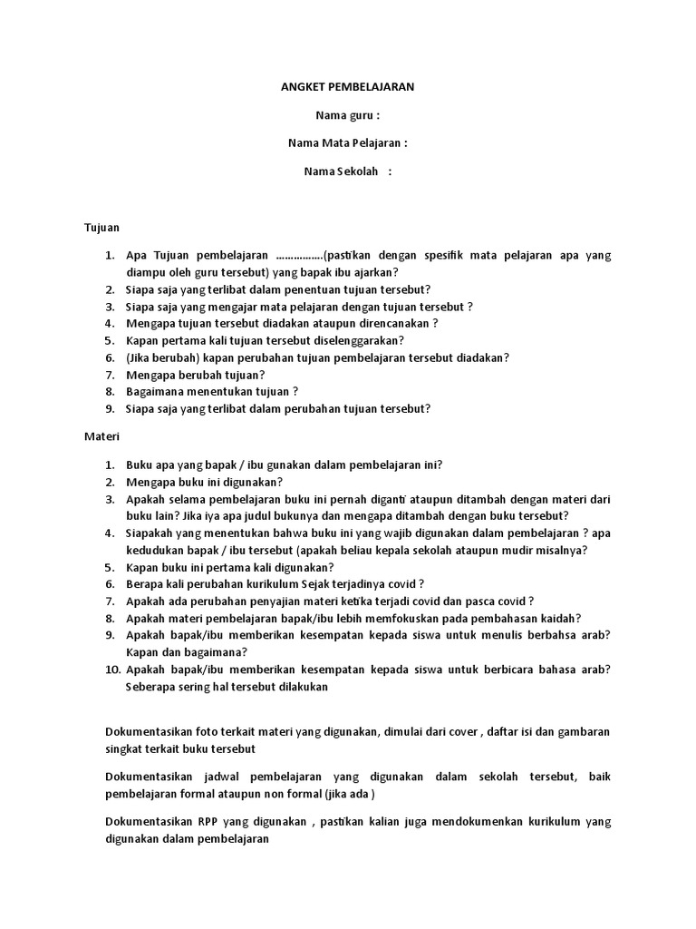 ANGKET PEMBELAJARAN metodologi pembelajaran | PDF