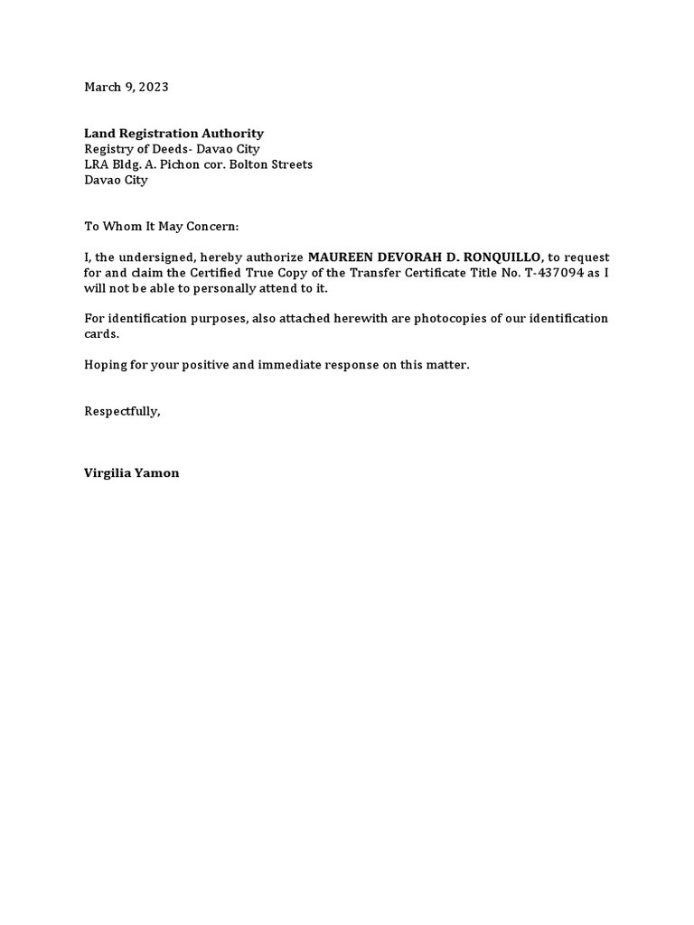 Authorization Letter CTC | PDF