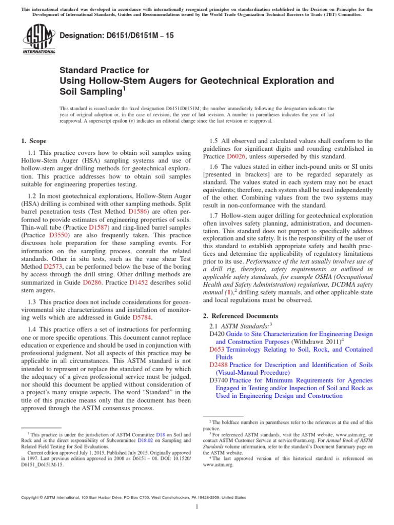 Standard Practice For Using Hollow-Stem Augers For Geotechnical Exploration and Soil Sampling ...