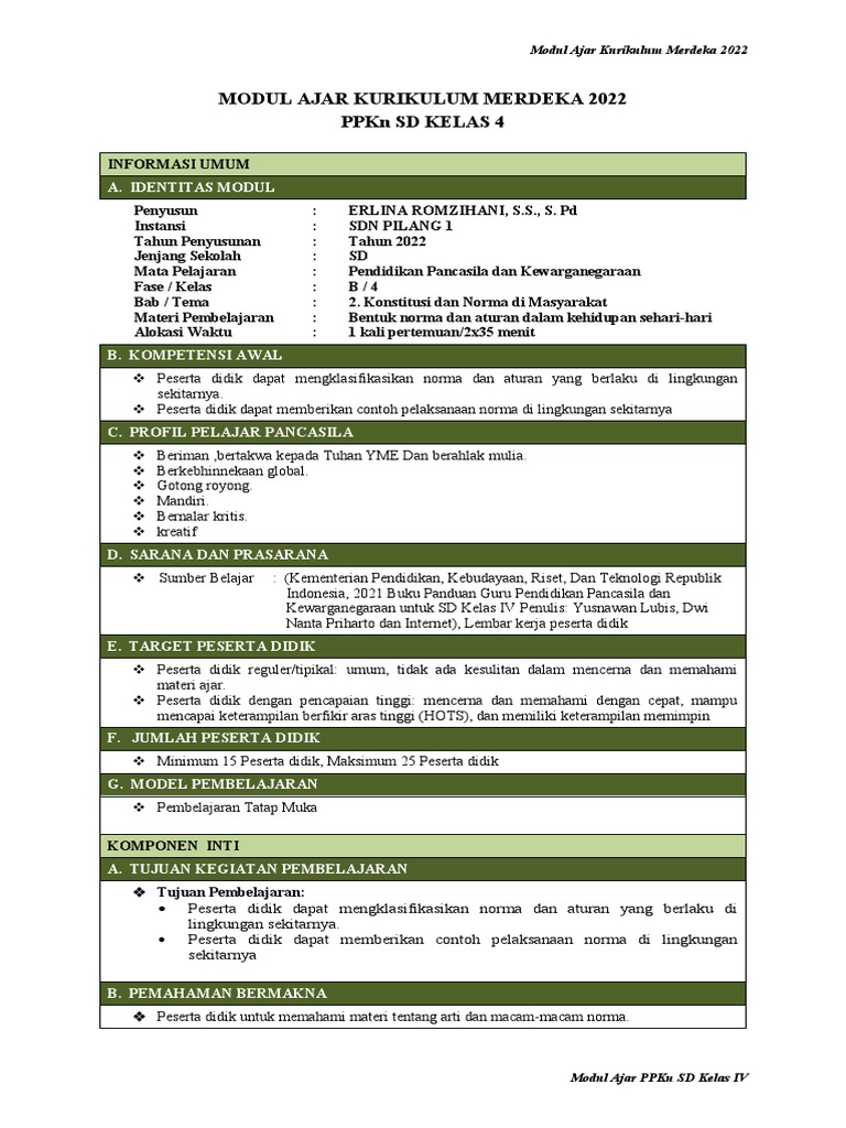 Modul Ajar PPKN Bab 2 Klas 4 Dwi Yuli | PDF