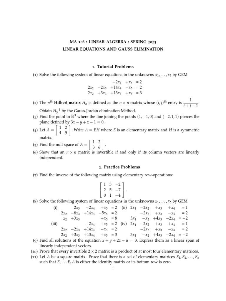 Tut2 - Linear Equations | PDF | Matrix (Mathematics) | System Of Linear Equations