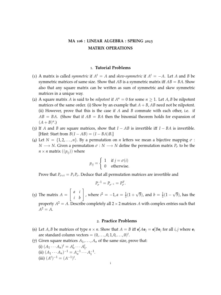 Tut1 Matrix Operations | PDF | Matrix (Mathematics) | Operator Theory Tut1 Matrix Operations | PDF | Matrix (Mathematics) | Operator Theory