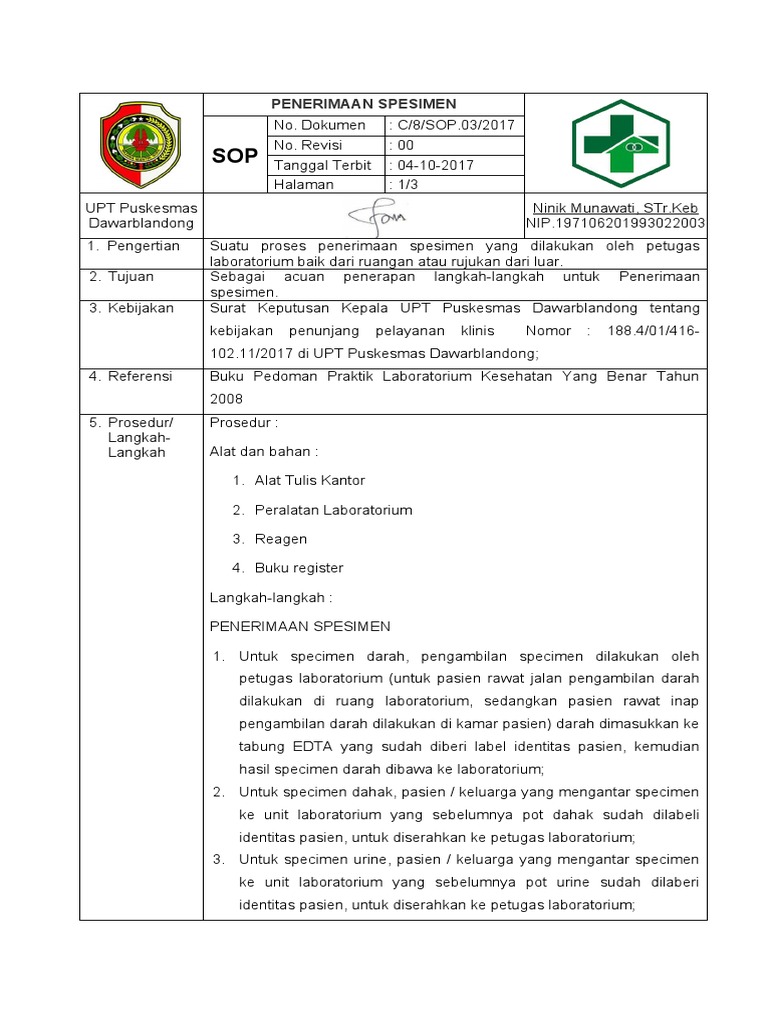 Sop Penerimaan Spesimen Laboratorium | PDF