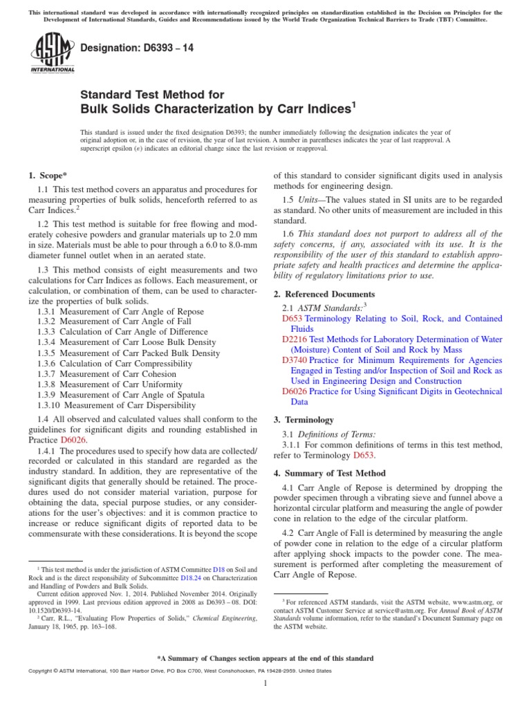 Standard Test Method For Bulk Solids Characterization by Carr Indices 1 ...