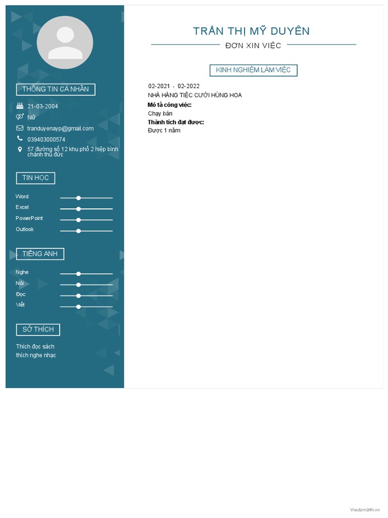 Duyen Tran CV Vieclam24h vn1676813263 167681326517 PDF | PDF