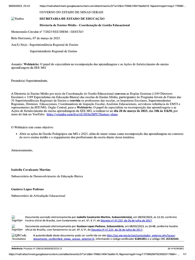 Memorando-Circular nº 7 2023 SEE DIEM - GESTÃO | PDF