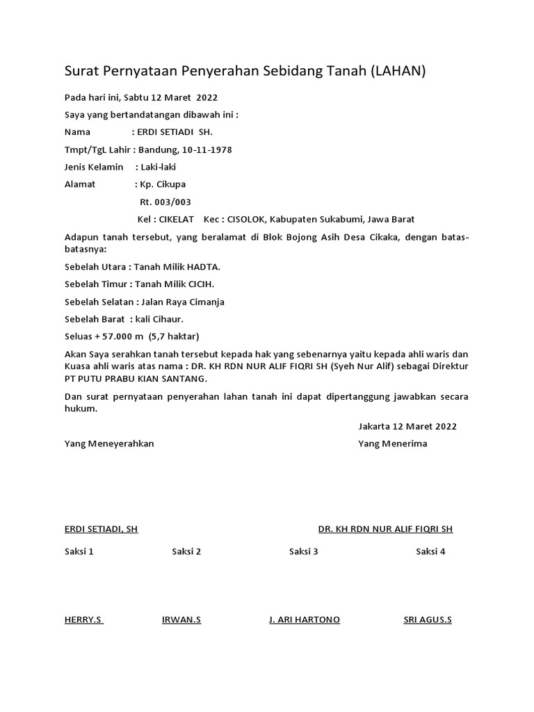 Surat Pernyataan Penyerahan Sebidang Tanah | PDF