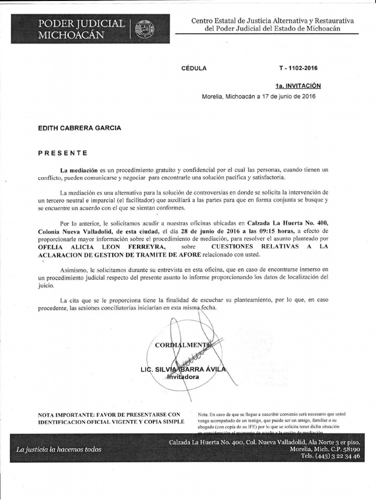 OFELIA ALICIA LEON FERREIRA - Citatorio - Aud - 28 - 06 - 2016 | PDF