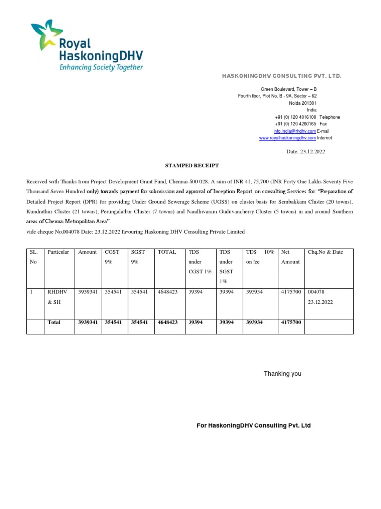 Stamped Receipt: Haskoningdhv Consulting Pvt. LTD | PDF | Service ...