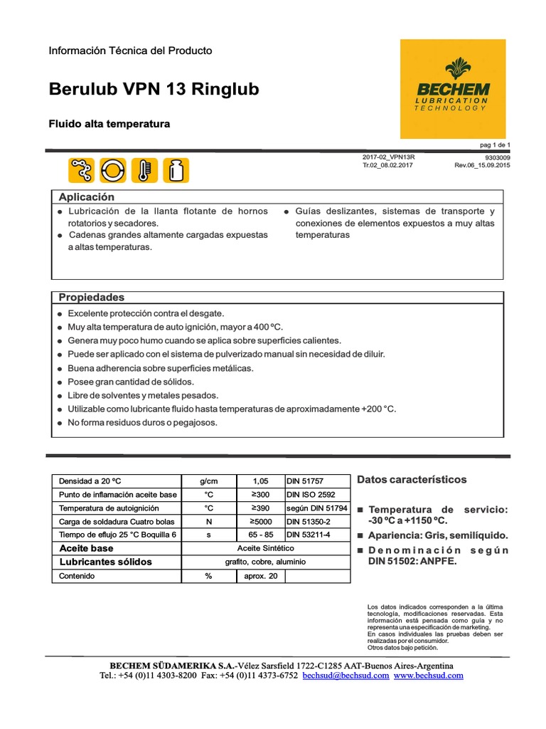 PDS Bechem Berulub VPN 13 Ringlub (Es) | PDF | Lubricante | Materiales