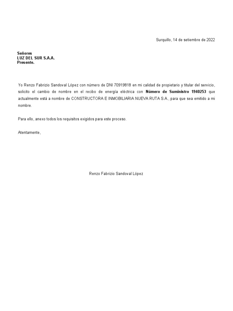 Solicitud de Cambio de Nombre Luz Del Sur | PDF