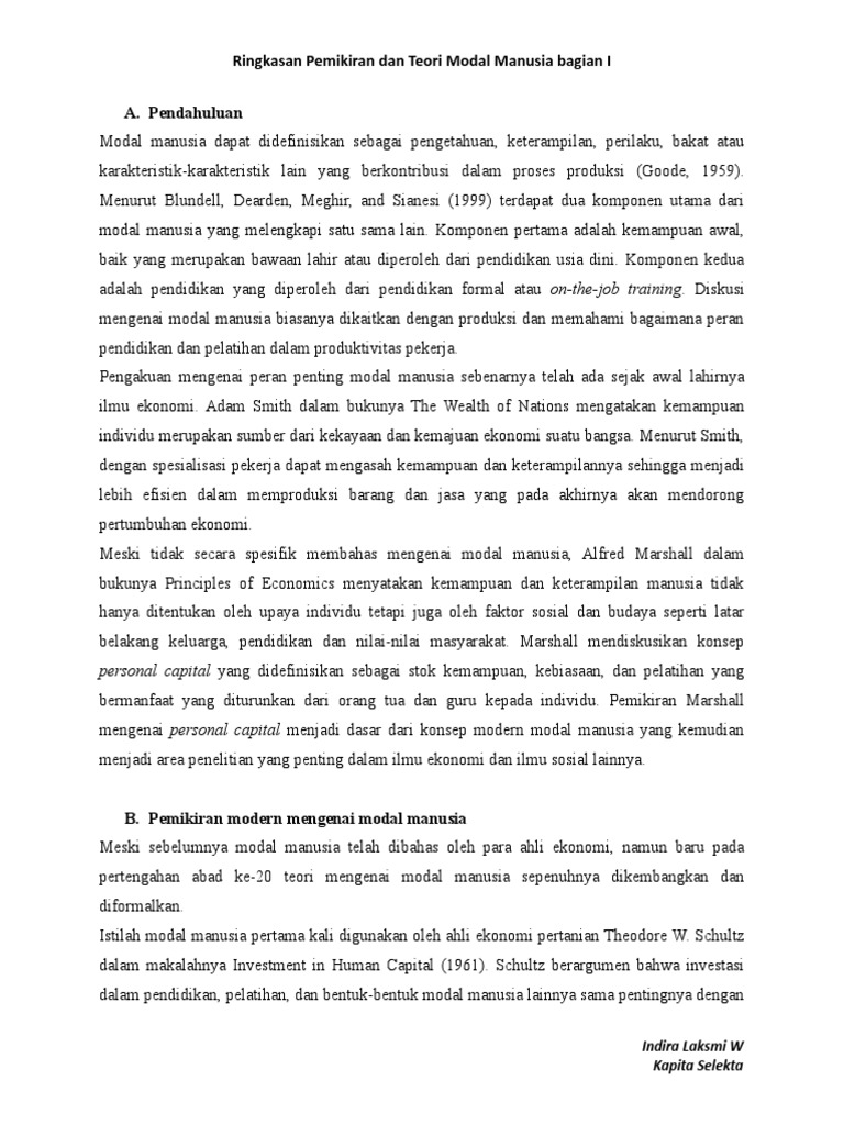Ringkasan Pemikiran Dan Teori Modal Manusia Part-1 090323 | PDF