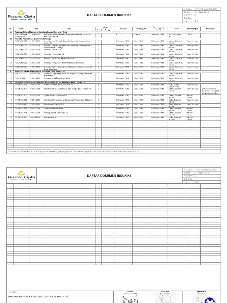 P2K3-Form-K3-001 Daftar Induk Dokumen K3 | PDF