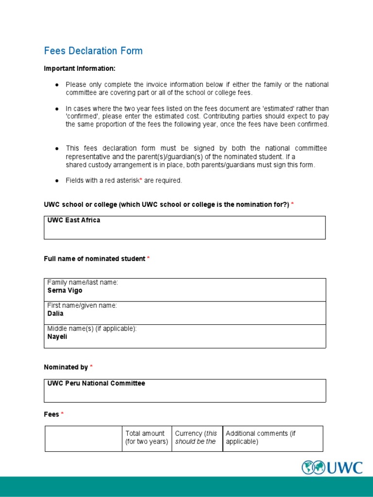 Fees Declaration Form - East Africa | PDF