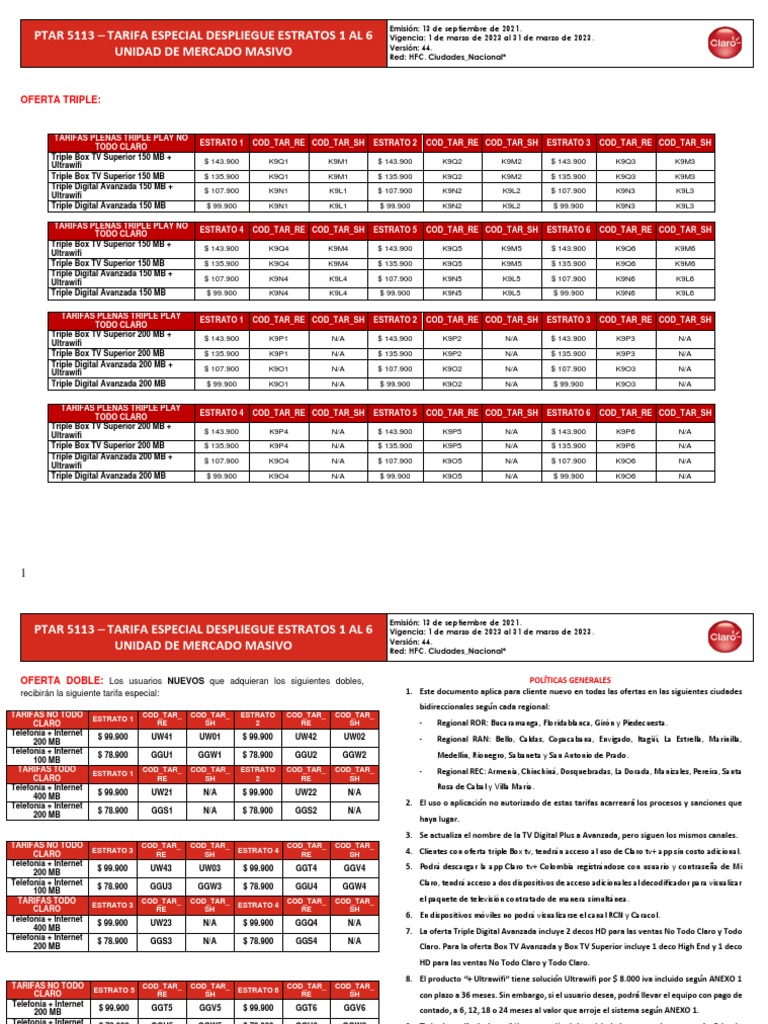 PTAR 5113 Tarifa Esp - Despliegue - NTC - TC V44 - 0323 PDF | PDF | Ieee 802.11 | Telecomunicaciones