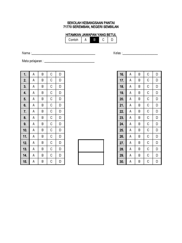Kertas Jawapan ABCD Sekolah | PDF