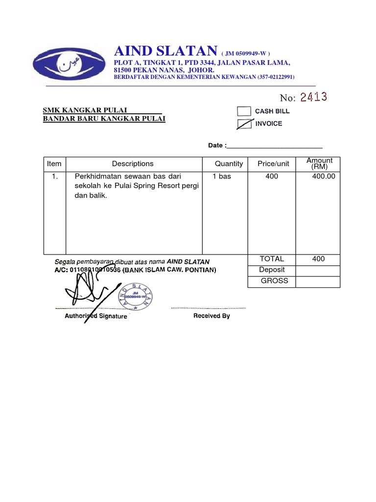 Contoh Invois Sewaan Bas SMK Kangkang | PDF
