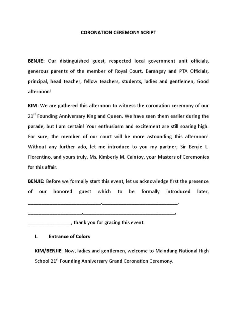 Coronation Ceremony Script for MNHS | PDF | Forms Of Government | Monarchy