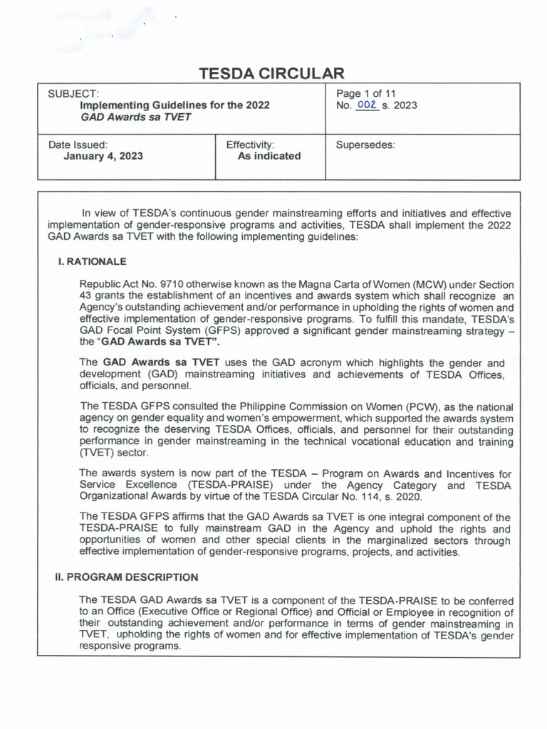 2022 GAD Awards Guidelines for TESDA | PDF | Gender Mainstreaming ...