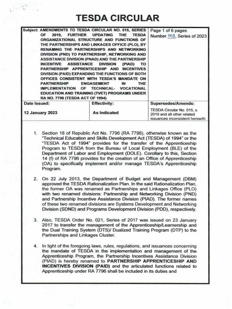 TESDA Circular No. 003-2023 | PDF | Vocational Education | Apprenticeship