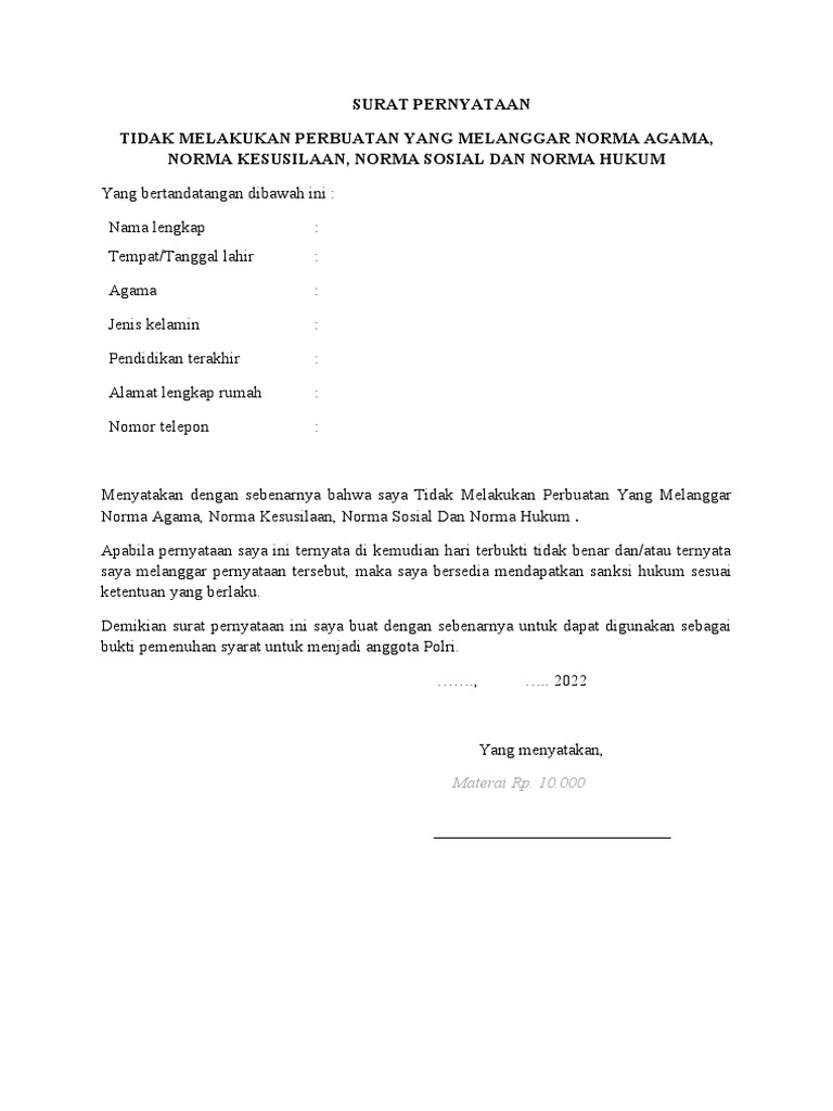 Surat Pernyataan Tidak Melanggar Norma | PDF