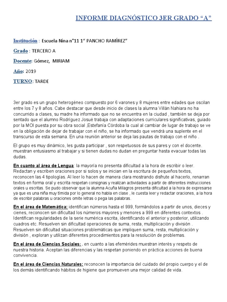 Informe diagnóstico tercer grado A | PDF | Cognición