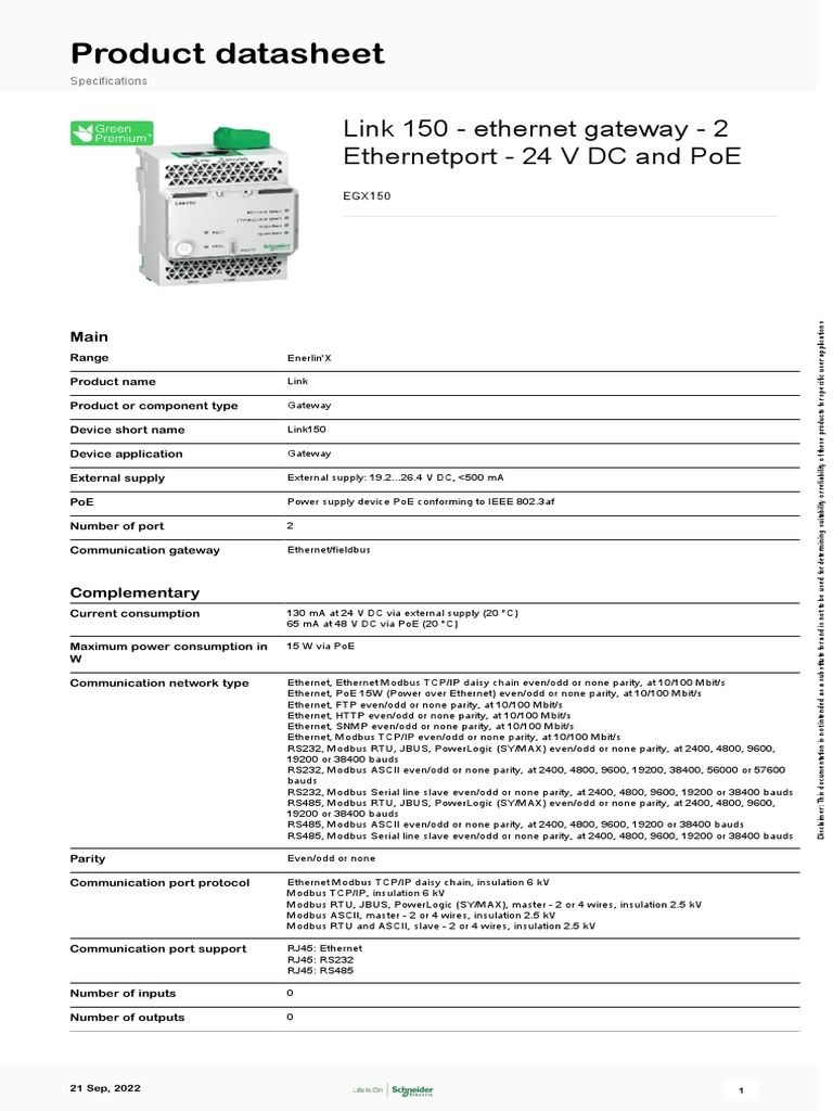 Link150 Ethernet Gateway Specs | PDF | Hertz | Data Transmission
