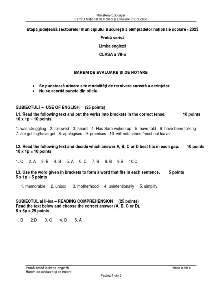 Bareme Olimpiada Engleza 230311 175912 PDF | PDF | Vocabulary | Essays