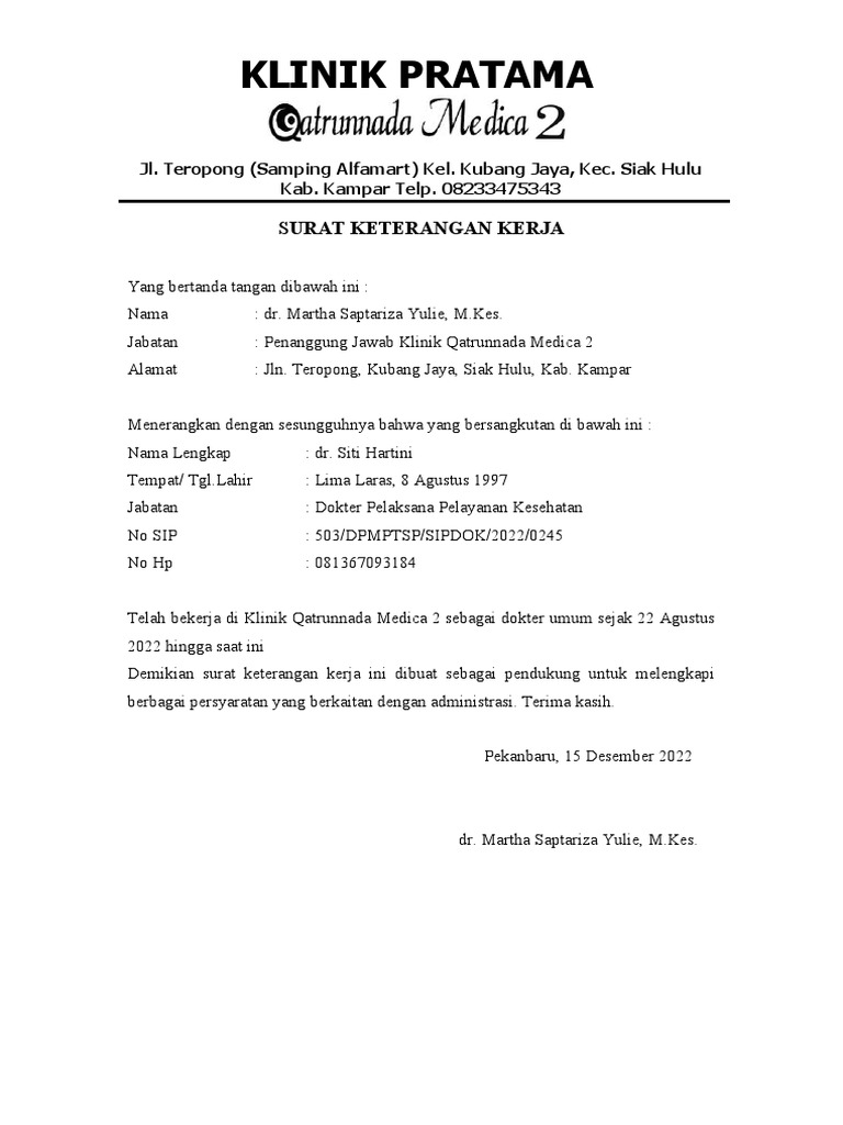 Surat Keterangan Kerja dr. Siti Hartini | PDF