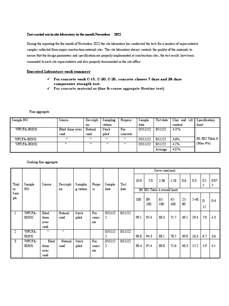 Test Carried Out in Site Laboratory in The Month November 2022 | PDF ...