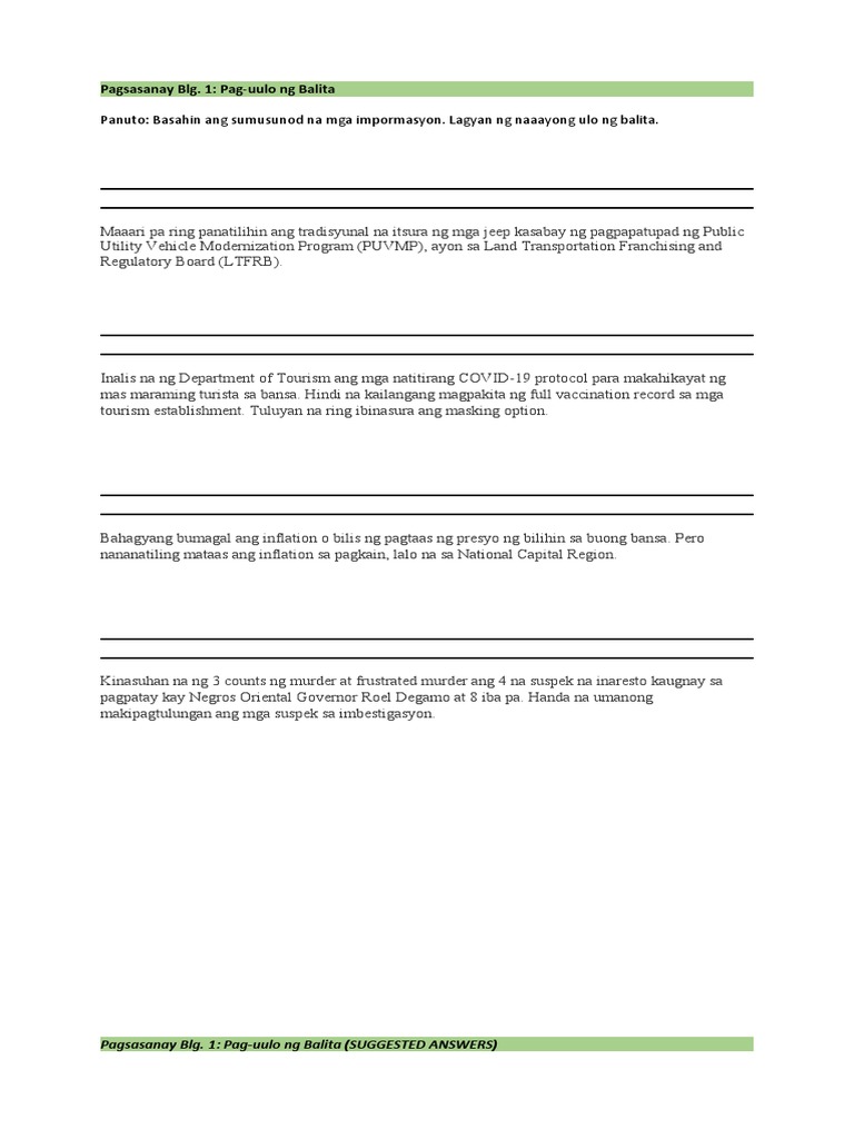 Pagsulat NG Balita - Exercises Batch 2 | PDF