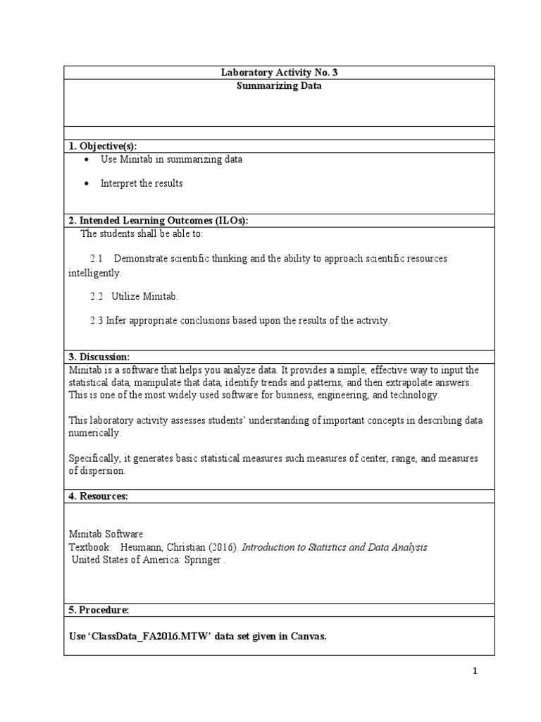 Applied Statistics Lab Manual No. 3 Minitab | PDF | Quartile ...