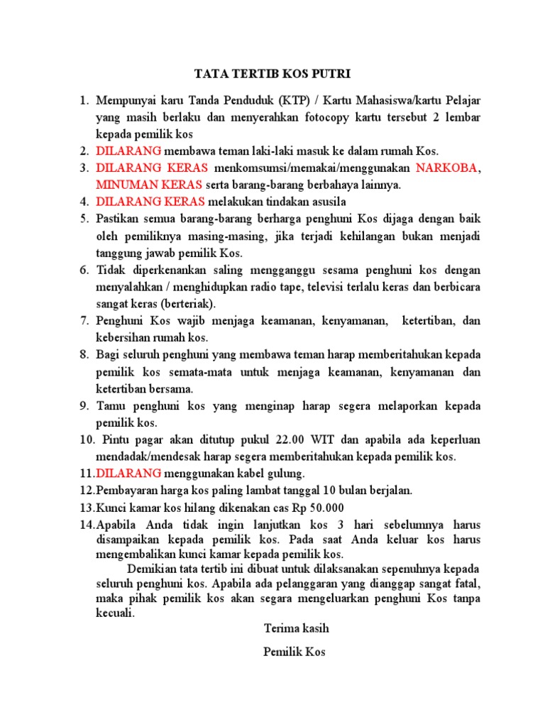 TATA TERTIB KOS PUTRI | PDF