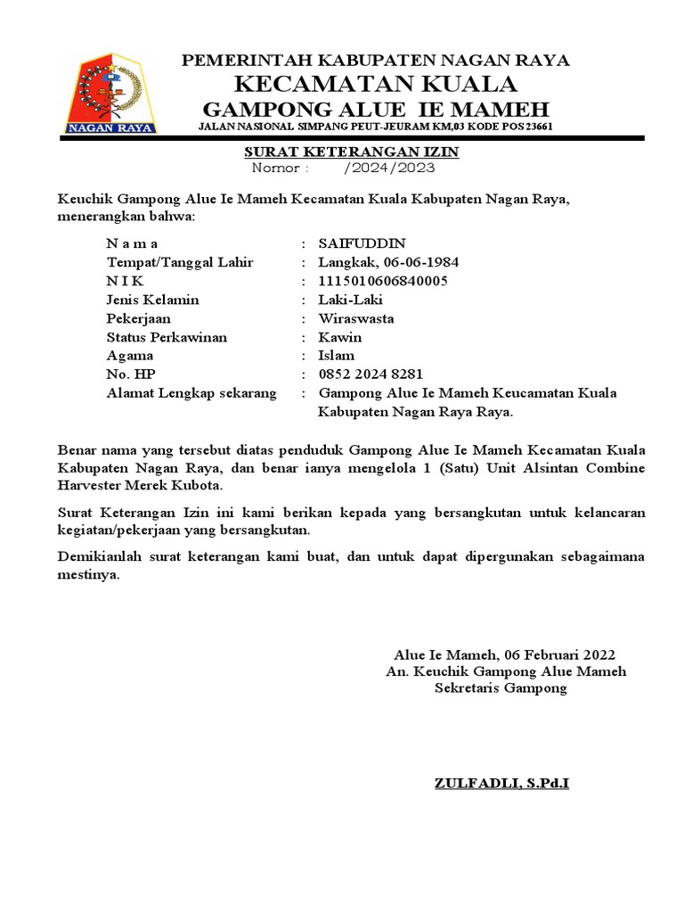 Surat Keterangan Izin Usaha Alue Ie Mameh | PDF