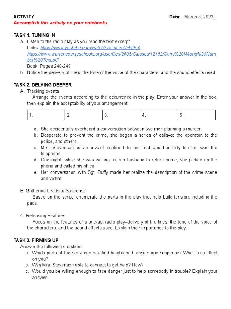 Activity - Sorry Wrong Number | PDF