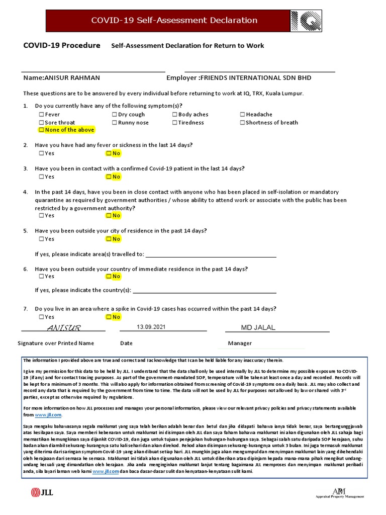 COVID-19 Self-Assessment Declaration - ANISUR | PDF | Diseases And ...