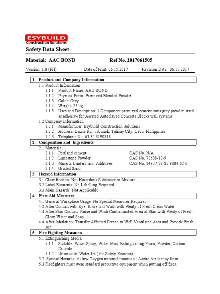 Material Safety Data Sheet - Aac - Bond | PDF | Water | Cement