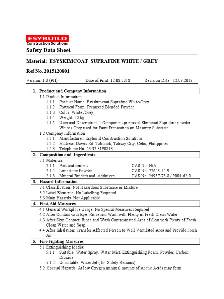 Material Safety Data Sheet - Esyskimcoat Suprafine White & Grey | PDF ...