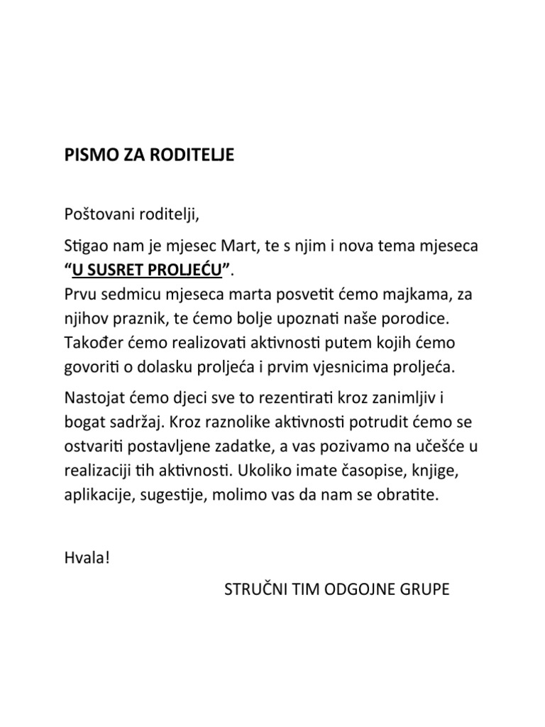 Pismo Za Roditelje | PDF