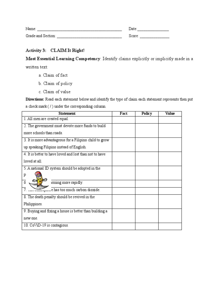 Identifying Claims in Written Texts: A Student Worksheet on ...