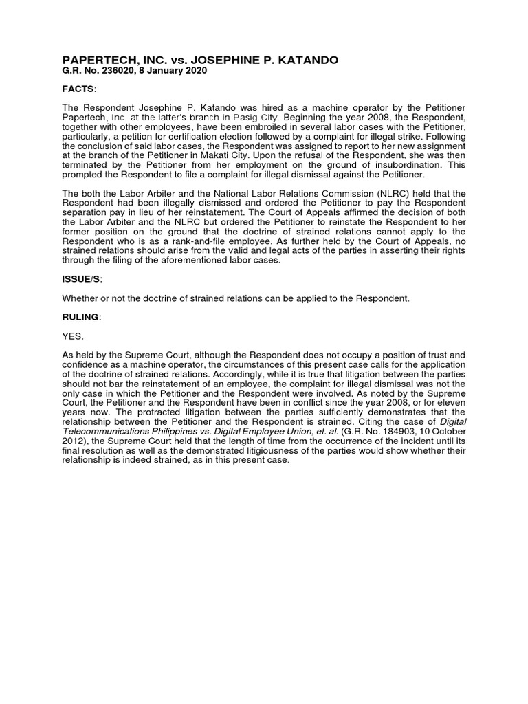PAPERTECH, INC. vs. JOSEPHINE P. KATANDO | PDF | Employment | Justice