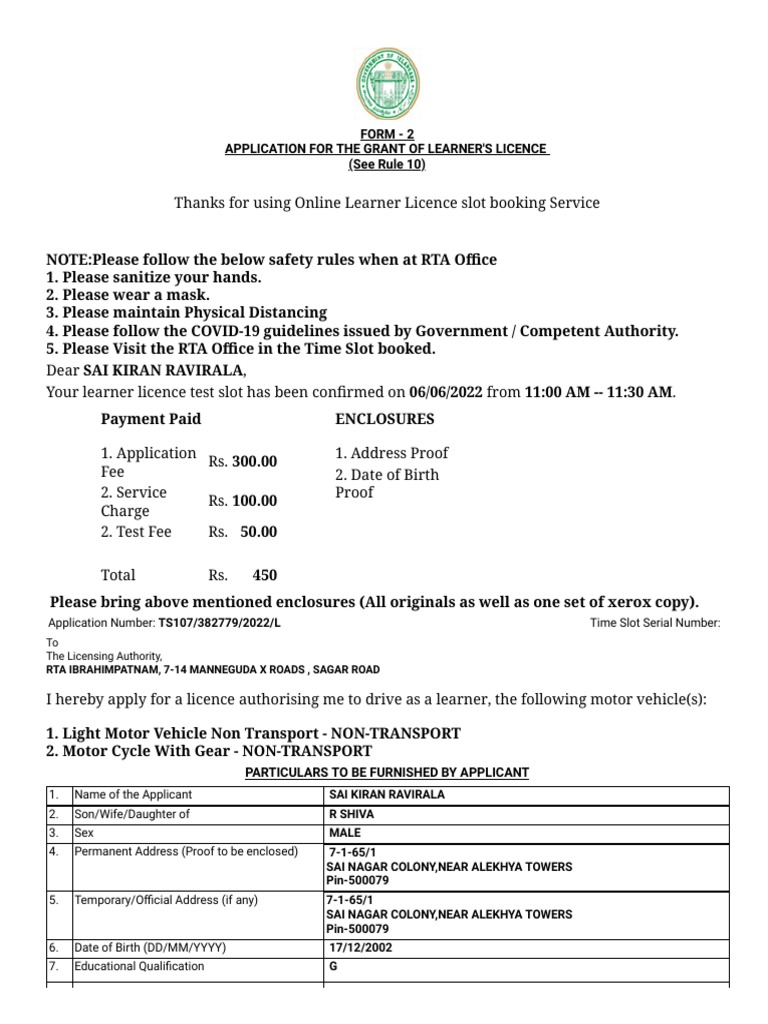 Application For The Grant of Learener's Licence PDF | PDF | Driver's ...