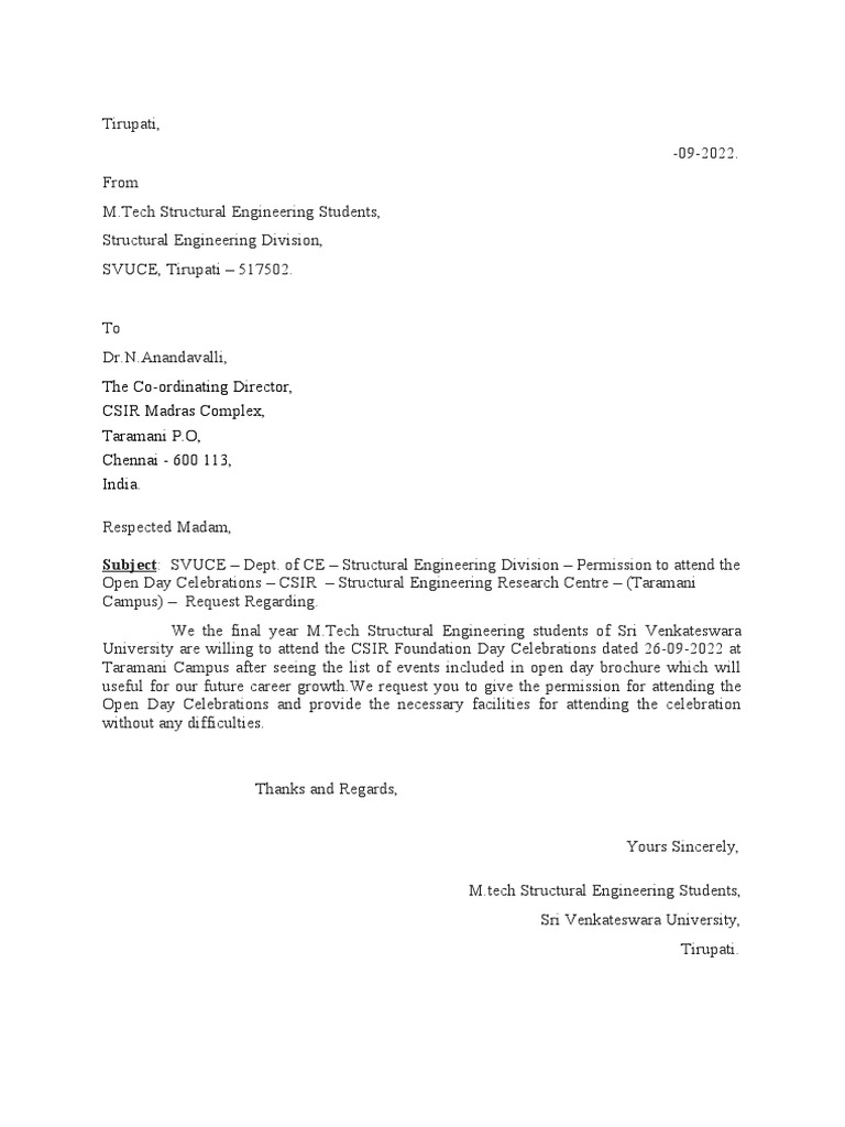 Permission Letter To Csir | PDF