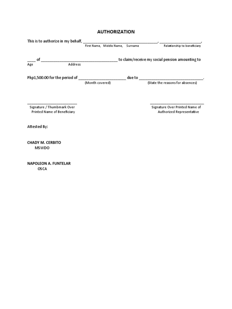 Authorization Letter for Senior Pension | PDF