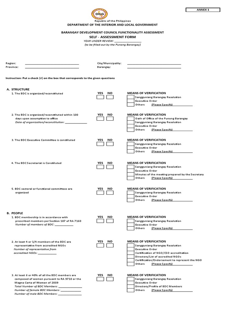 Annex 1: Barangay Development Council Functionality Assessment Form ...