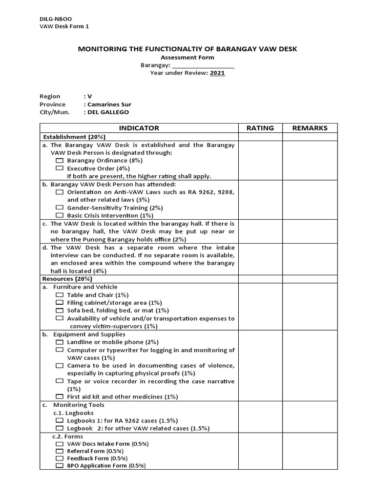 VAW Desk Assessment Form | PDF | Desk | Computing
