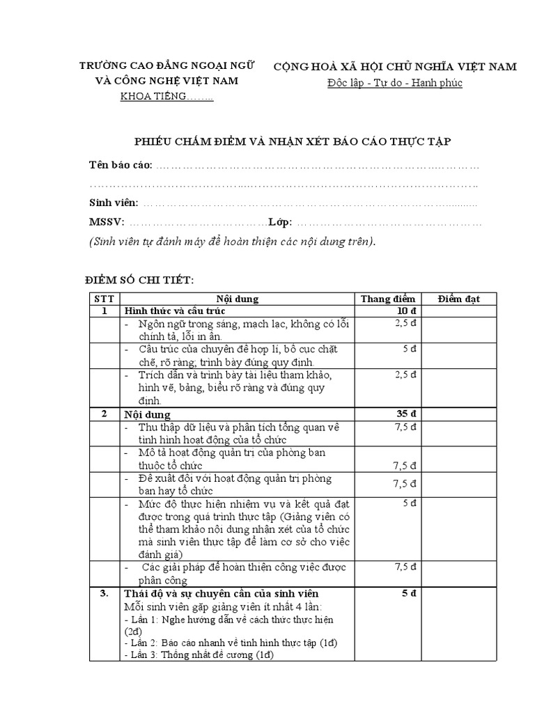 Phieu Cham Diem Cua GVHD | PDF