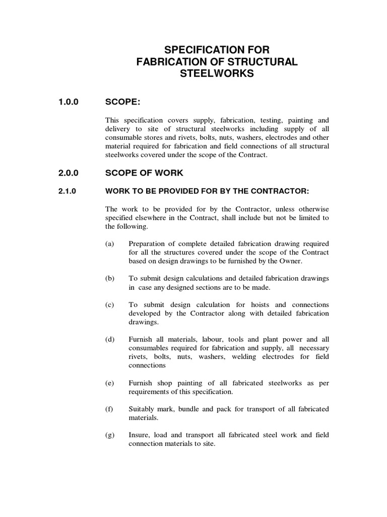 10 Specifications For Fabrication of Structural Steel Works | PDF ...