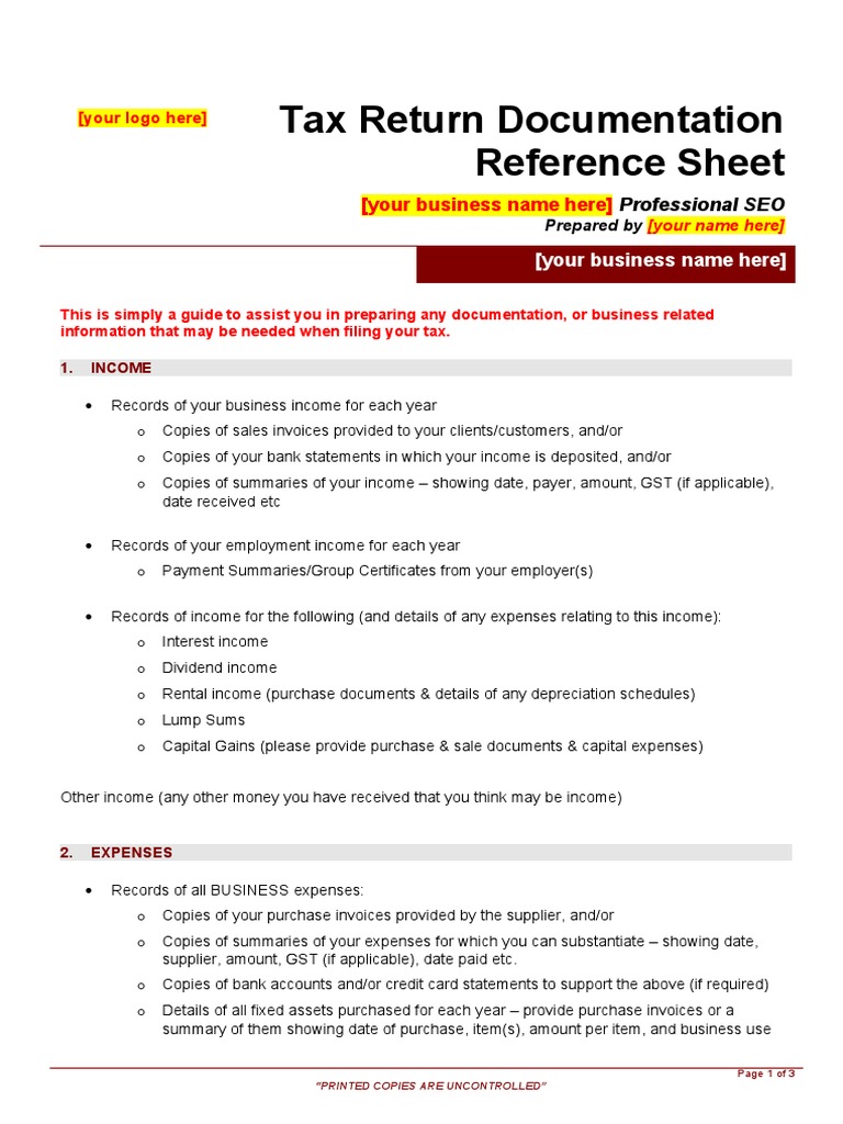 Tax Return Documentation Reference Sheet | PDF | Expense | Invoice